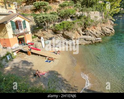 Portofino, Italy - September 16, 2019: The sand beach known as paraggi ...