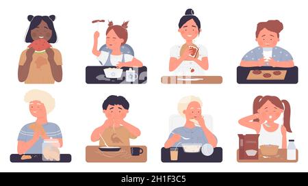 Cute cartoon girl eating spaghetti drawing. Happy child eating dinner, vector illustration Stock ...