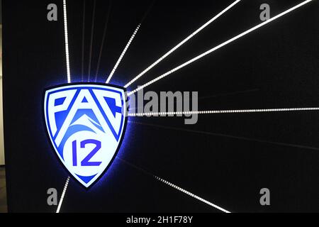 Logo of the Pac-12 displayed during Pac-12 women's basketball media day ...