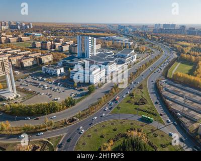 Kazan, Russia. 17 October 2021. A top view of the Universiade Village ...