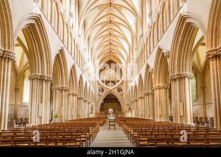 Inside the nave of Wells Cathedral, with perpendicular Gothic ...