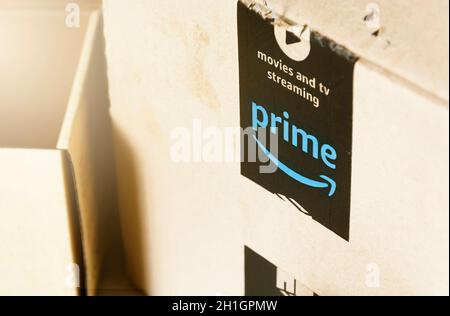Amazon prime label on a printed on cardboard box or parcel security ...