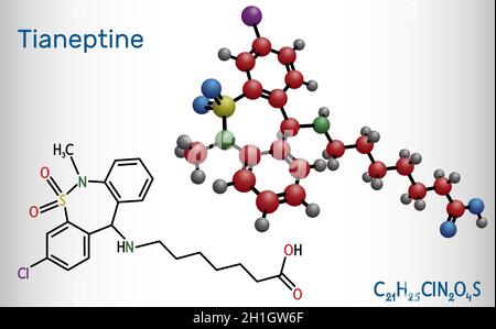 Tianeptine molecule. It is tricyclic antidepressant TCA. Structural ...