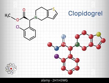 Clopidogrel molecule. It is prodrug, antiplatelet medication, used to ...