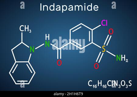 Indapamide molecule. It is thiazide-like diuretic, hypertension drug ...