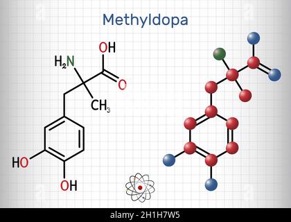 Methyldopa high blood pressure (hypertension) drug molecule. Skeletal ...
