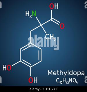 Methyldopa high blood pressure (hypertension) drug molecule. Skeletal ...