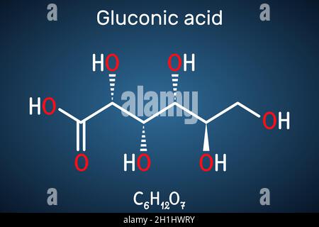 Gluconic acid, C6H12O7 molecule. It is PHA, polyhydroxy acid. The salt ...