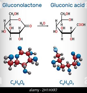 Glucono-delta-lactone (gluconolactone, GDL) and gluconic acid molecule ...