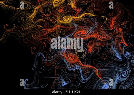 Wave particles lines with swirling pattern, 3d rendering. Computer ...