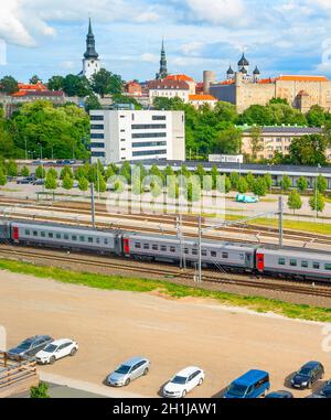 Aerail cityscape with Tallinn downtown old and modern architecture ...