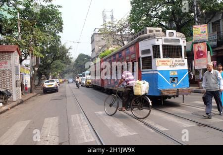 Traditional tram downtown Kolkata. Kolkata is the only Indian city with ...