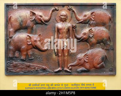Elephants worshiping lord with lotus flowers Kalikund tirth being forme ...