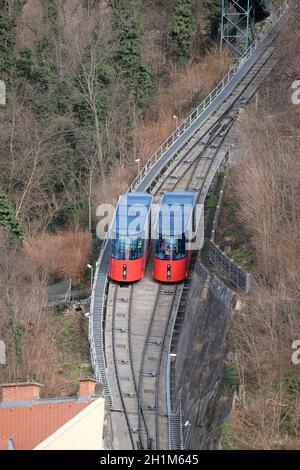 Modern funicular climbing to Schlossberg and Graz city panoramic view ...