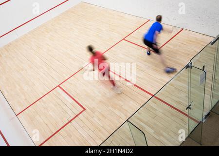 Squash players in action on a squash court (motion blurred image; color ...