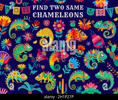 Cartoon mexican chameleon lizards kids I spy game. Vector educational ...