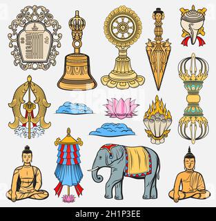 Tibetan Buddhism religion sacred symbols. Vector Kalachakra symbol, tribu bell and dharma wheel ...