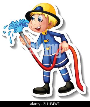 Sticker design with a fireman cartoon character illustration Stock ...