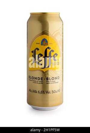 A 50cl can of Leffe beer on white background. Leffe is a Belgian beer ...