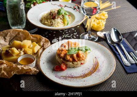 Seafood: large boiled prawns with sauce. Baked mussels with lemon and ...