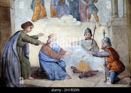 Peter denies Jesus before the rooster crows three times, fresco in the ...