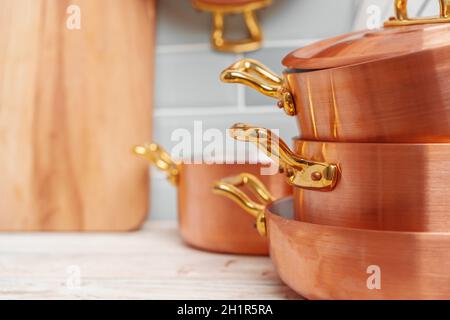 Modern kitchen details with copper kitchenware close up Stock Photo - Alamy