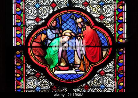 Stained glass window of bishop Remigius, founder, in the medieval ...