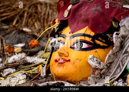Face of Debi Durga Maa idol in Hinduism in riverbank of Ganges river ...