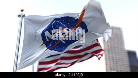 Washington, USA, March 5, 2021: The NASA flag waving along with the ...