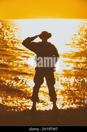 Silhouette of saluting commando soldier, army infantryman standing on ...