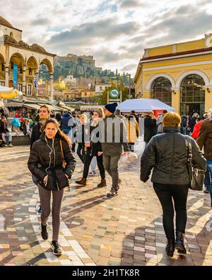ATHENS, GREECE, JANUARY - 2020 - Day urban scene at famous monastiraki ...