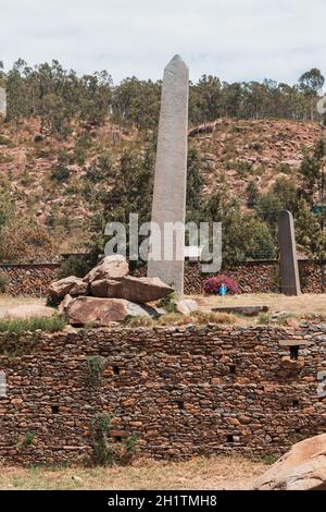 Aksumite civilization ruins, Ancient monolith stone obelisks behind ...