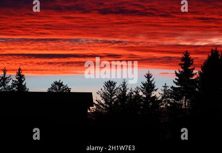 Bernbeuren, Germany. 19th Oct, 2021. The rising sun colors the sky ...