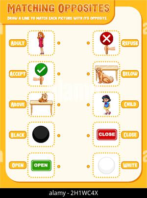 Matching opposite words worksheet template illustration Stock Vector ...