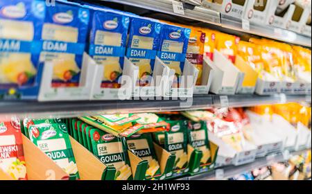 POZNAN, POLAND - JUN 22, 2021: Dairy food products put up for sale in a ...