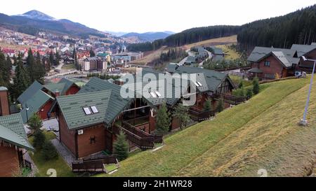 Bukovel ski resort in autumn aerial view. View of hotel houses in the ...