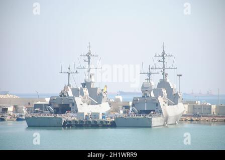 Israeli battle ships in harbor of Haifa. Two Sa'ar 5 class missile ...