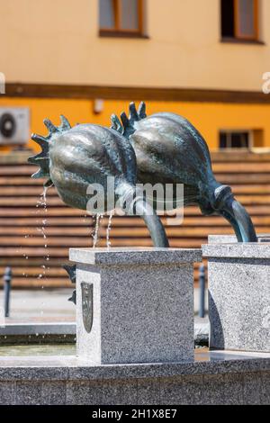 Fountain in the form of poppy heads on the town square, Makow ...