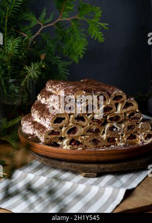 Cake Monastic hut with cherry filling and sour cream, a bouquet of ...