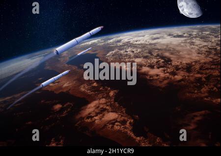 Hypersonic missiles or rockets over the apocalyptic Earth. A comet runs ...