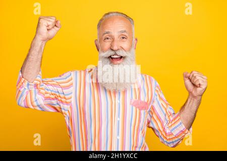 Photo of lucky funny gentleman wear green sweatshirt dark eyeglasses ...