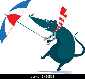 Windy day and rat or mouse with umbrella illustration. Cartoon rat or ...