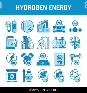 Green hydrogen fuel production icons set. water electrolysis, fuel tank ...