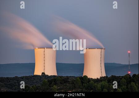 Trillo, Spain. 19th Oct, 2021. An almost full moon of October, known as ...