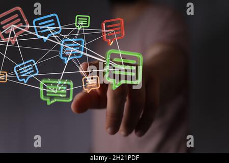 3D rendered email icons on woman's hand - online communication concept ...