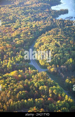 A high-angle of a sunlit road with green trees on both sides Stock ...