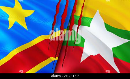 Myanmar and Congo flags with scar concept. Waving flag,3D rendering ...