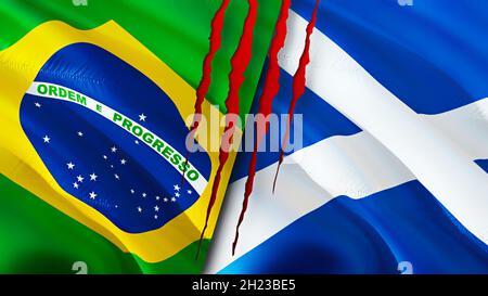 Scotland and Brazil flags with scar concept. Waving flag,3D rendering ...