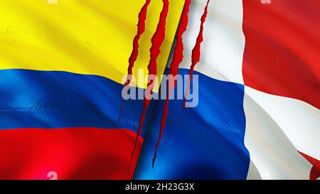 Panama and Colombia flags with scar concept. Waving flag,3D rendering ...