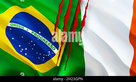 Ireland and Brazil flags with scar concept. Waving flag 3D rendering ...